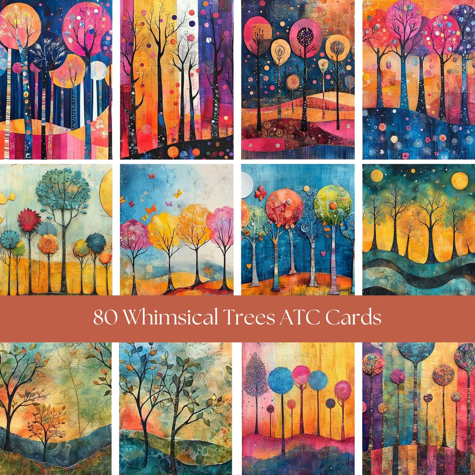 80 Whimsical Trees Artist Trading Cards | Instant Download | ATC Cards ...