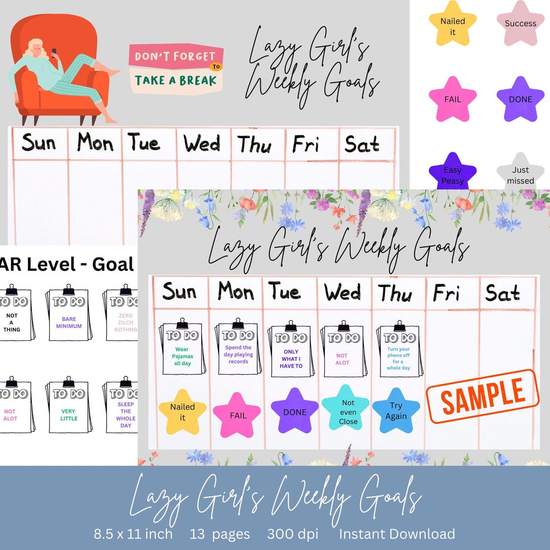 The Lazy Girl's Weekly Goal Chart| Instant Download| Print at Home |8 ...