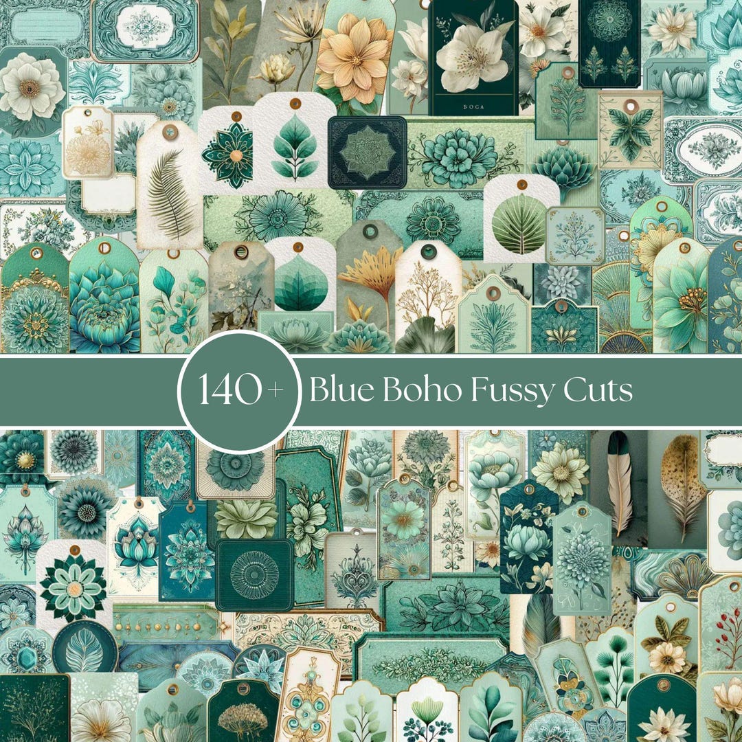 140+ Blue Boho Ephemera Fussy Cuts: Junk Journal Printable (digital ...