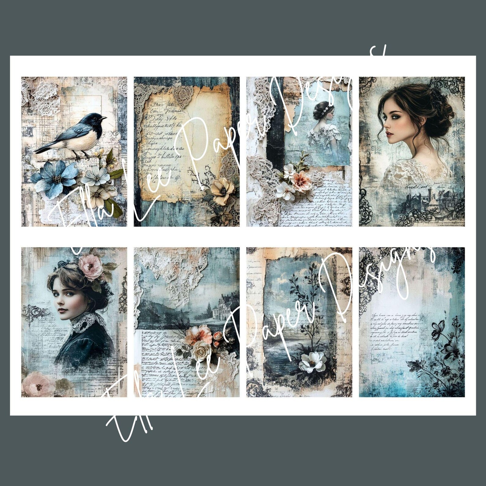 40 Blue Vintage Shabby Chic Digital Artist Trading Cards | Instant ...