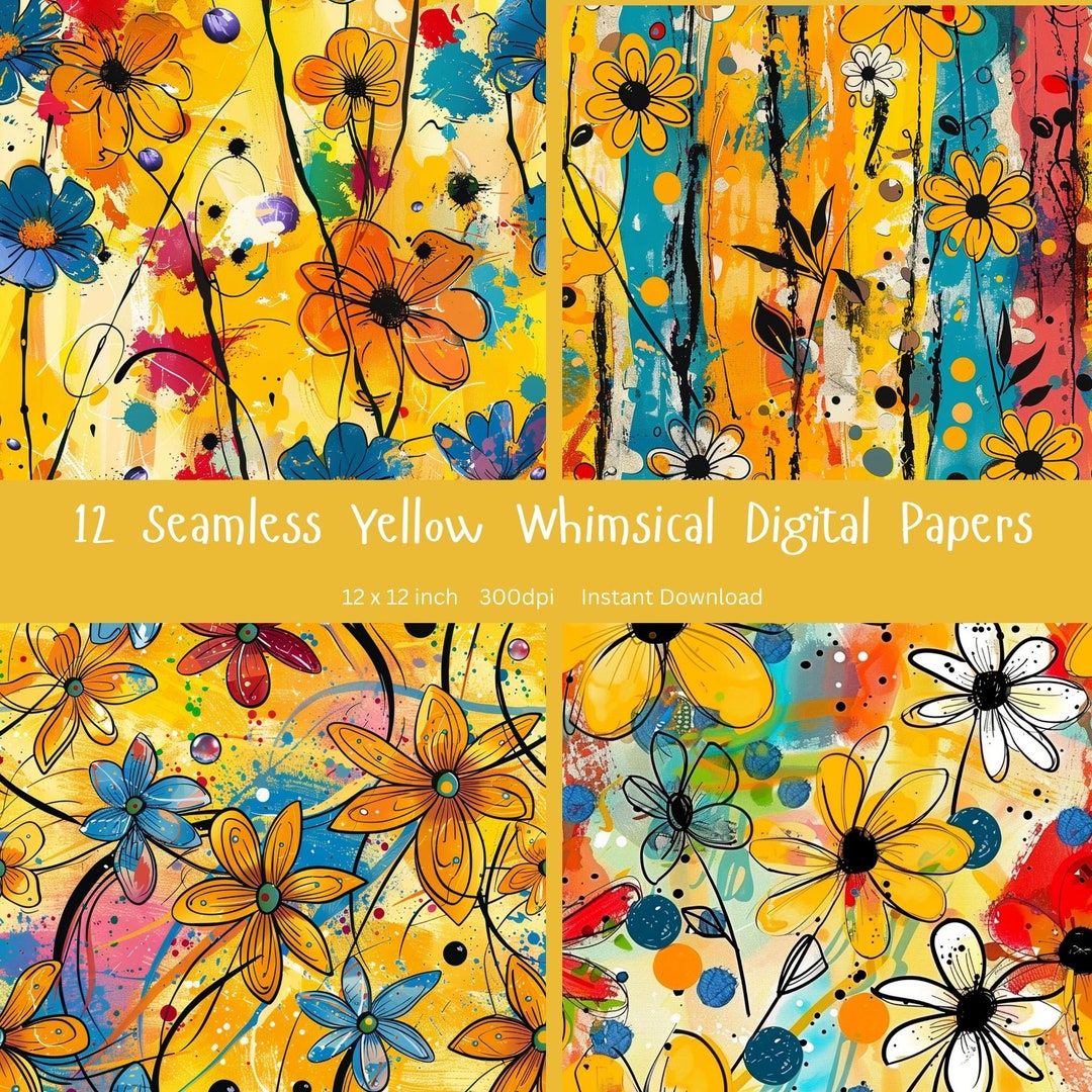 12 Seamless Yellow Whimsical Flowers Digital Papers | Seamless Repeat ...