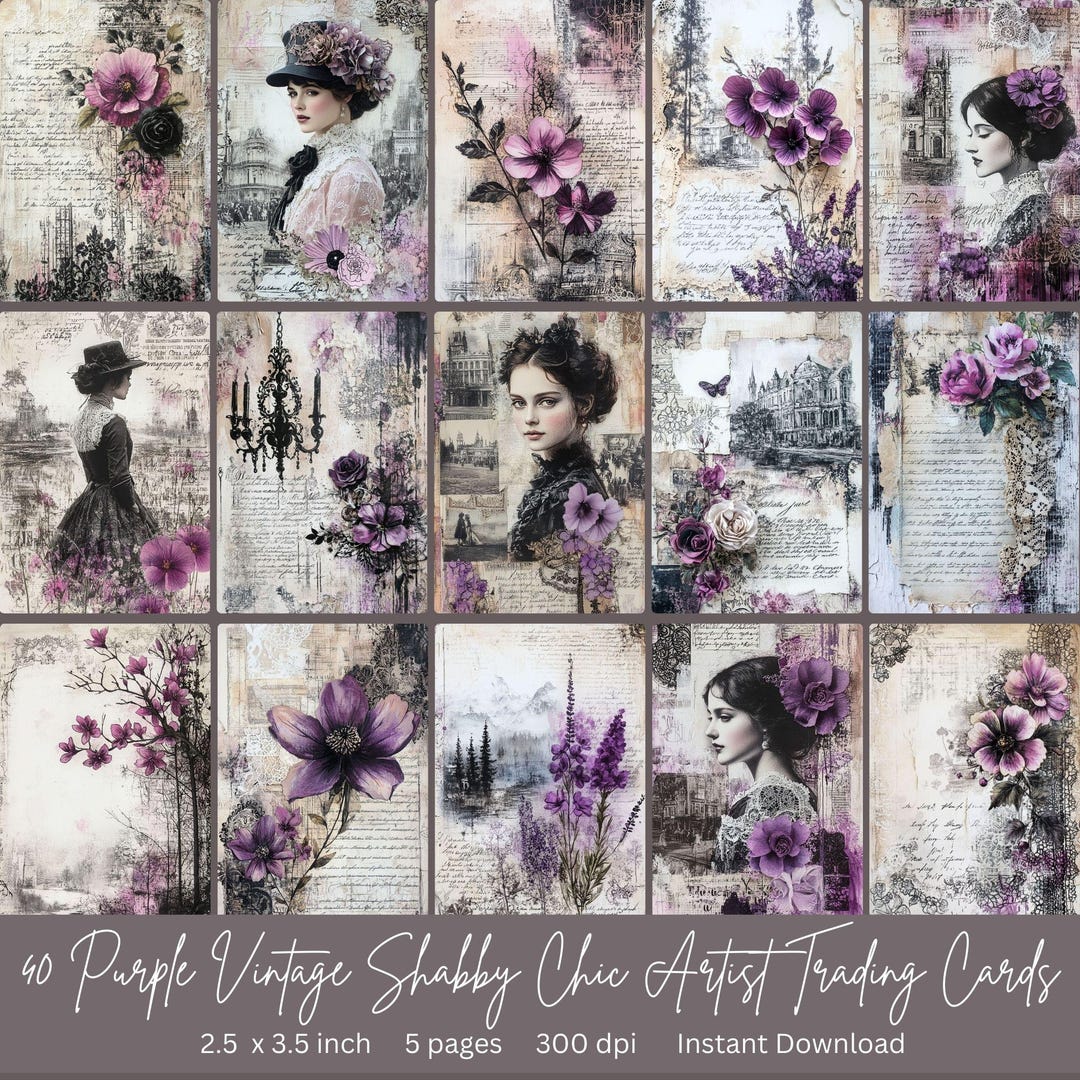 40 Purple Vintage Shabby Chic Digital Artist Trading Cards | Instant ...