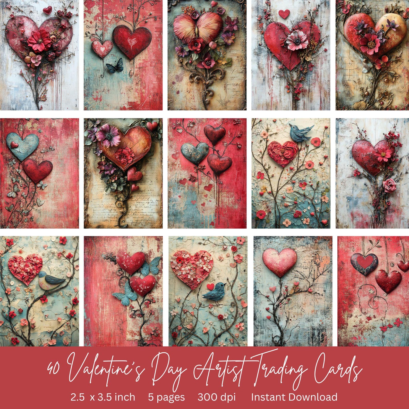 40 Mixed Media Hearts Digital Artist Trading Cards | Instant Download ...