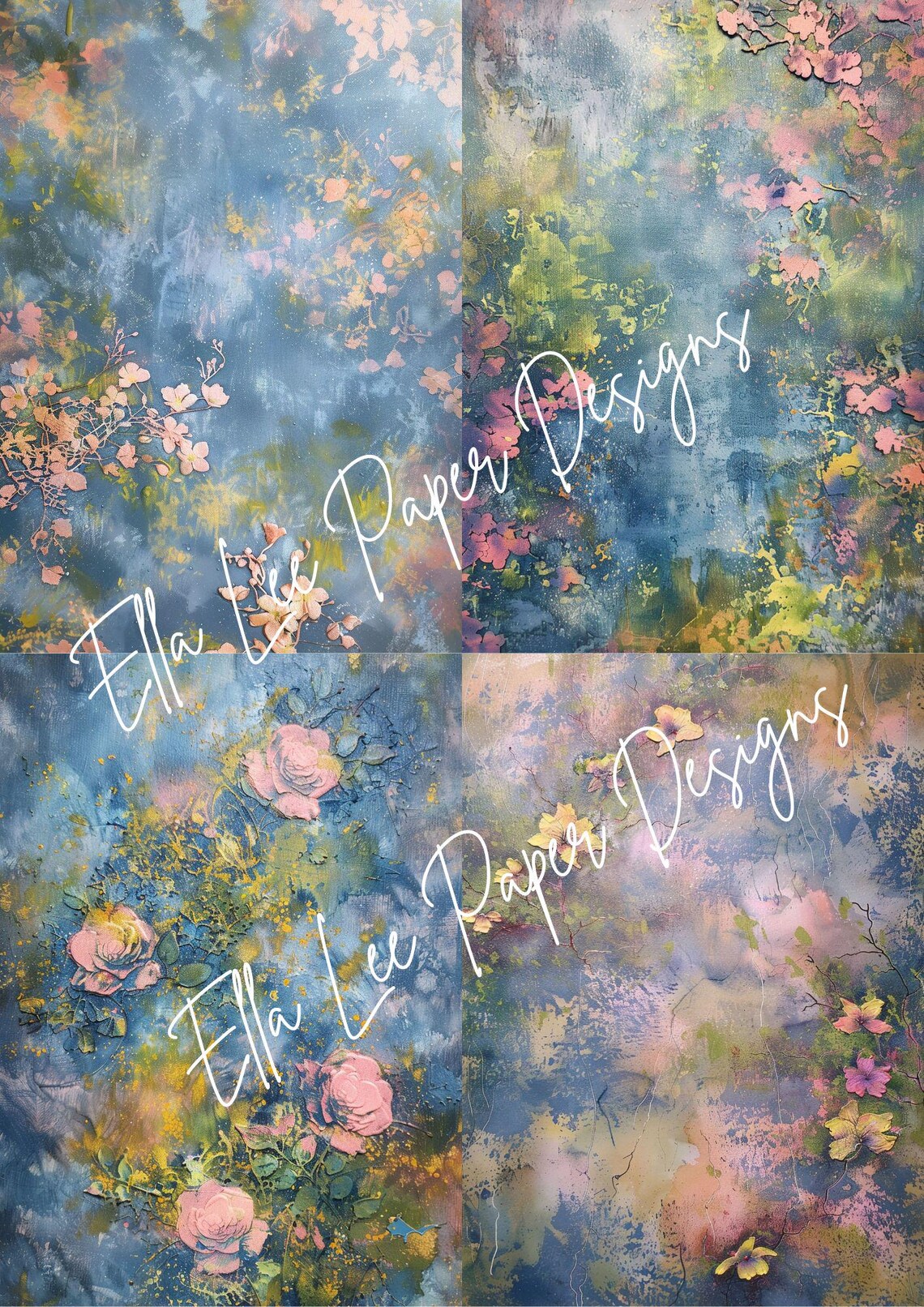 12 Mixed Media Floral Backgrounds A4 Size Pastel Tones, for Junk ...