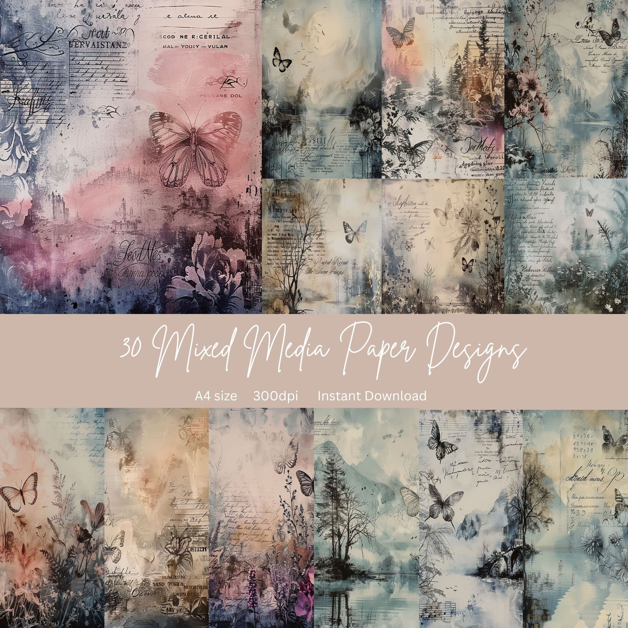 30 Mixed Media Paper Designs | A4 Size | Perfect for Junk Journal Pages ...