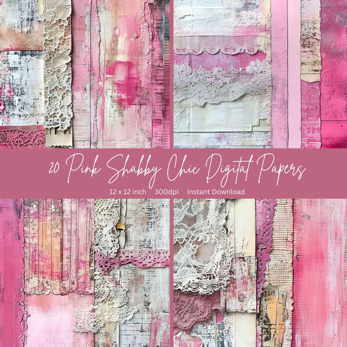 12 X 12 Inch Pink Shabby Chic Junk Journal Paper, Scrapbook Kit ...