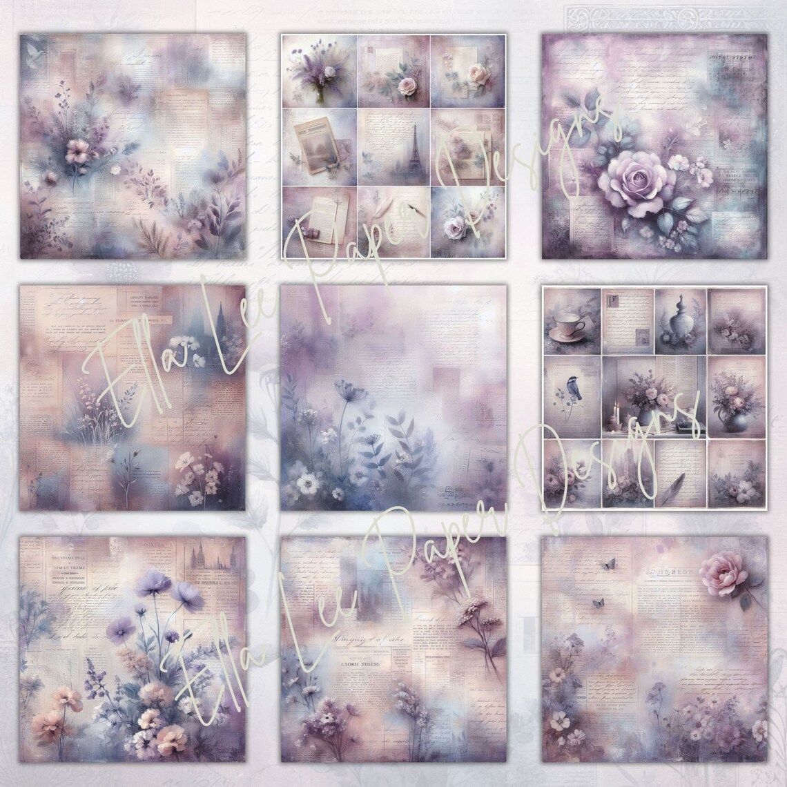 30 Mixed Media Backgrounds 8 X 8 Inch Purple Tones, for Junk Journal ...