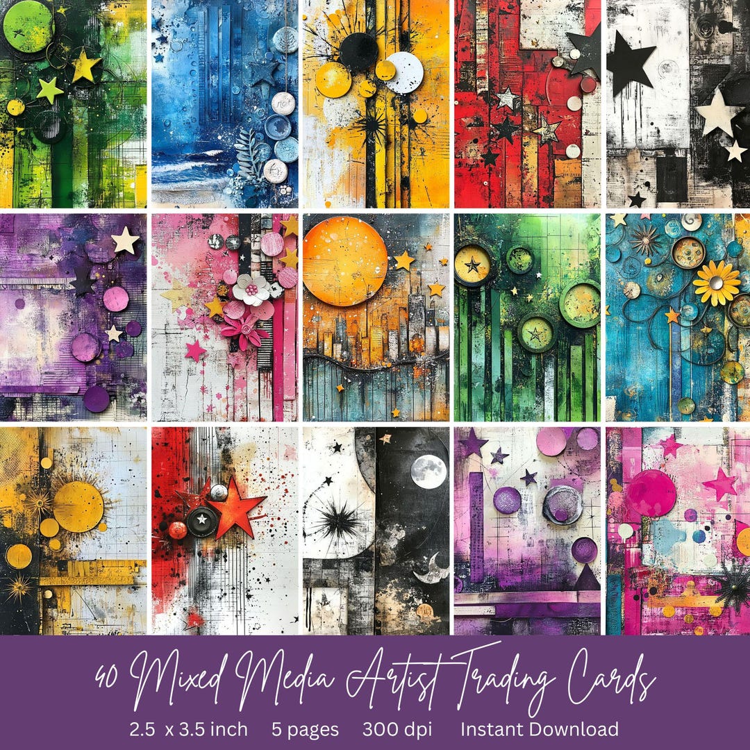 40 Mixed Media Digital Artist Trading Cards | Instant Download | ATC ...