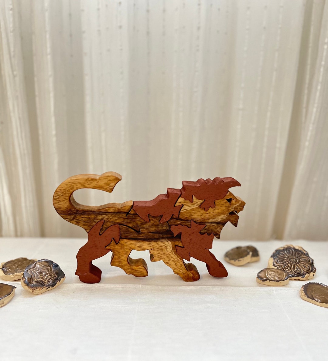 Handmade Wooden Lion Puzzle - Majestic Animal Jigsaw, Educational Toy ...