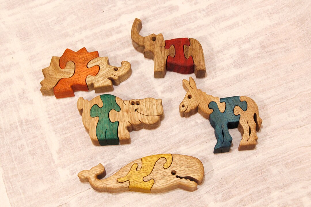 Wooden Set of 5 Small Animal Puzzle: Hedgehog Elephant - Etsy