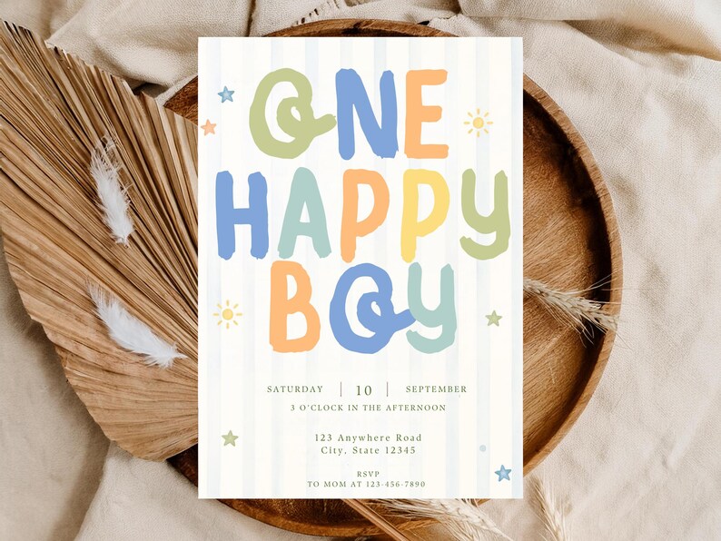 One Happy Boy Birthday Invitation, Boy First Birthday Invite ...