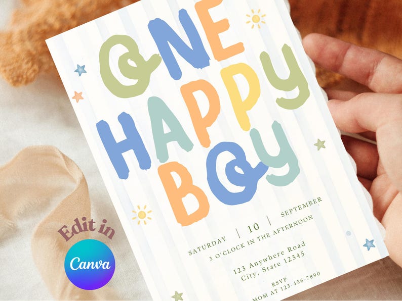 One Happy Boy Birthday Invitation, Boy First Birthday Invite ...