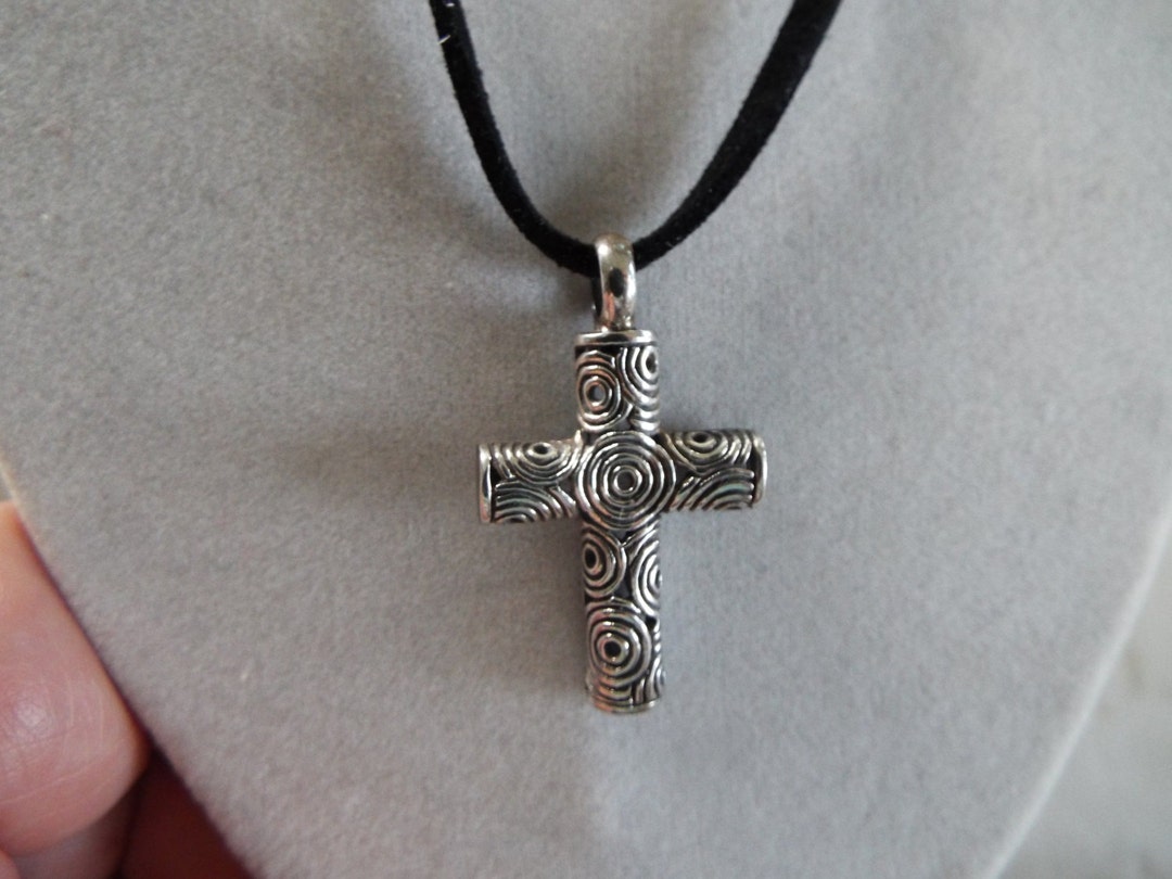 Sterling Silver Scroll Work Cross on Black Cord Original Box Rustic ...