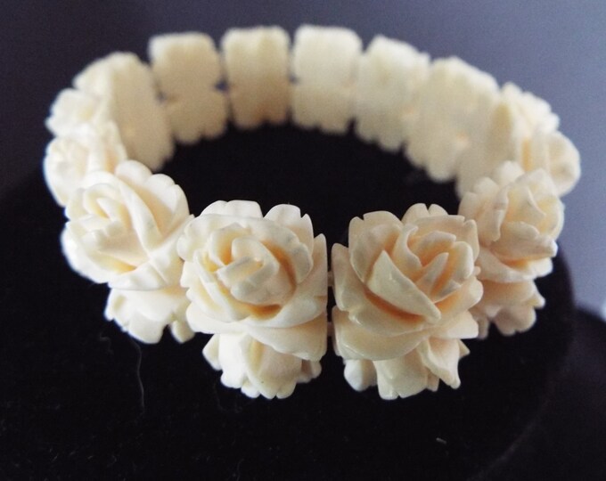 Vintage 1930s Carved Bone Roses Expandable Bracelet 14 Panels Elastic ...