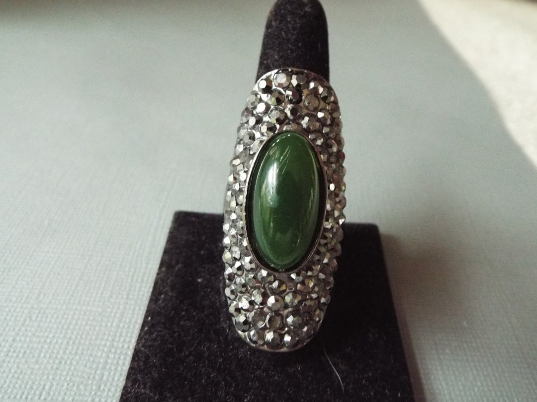 Extra Large 2" Long Jade Glass Marcasite Silver Plate Ring Statement ...