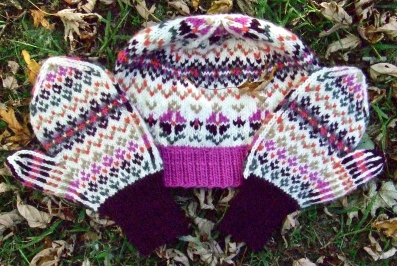 Knitting Pattern – Beach Roses Hat & Mittens, Fair Isle Women's Ladies ...