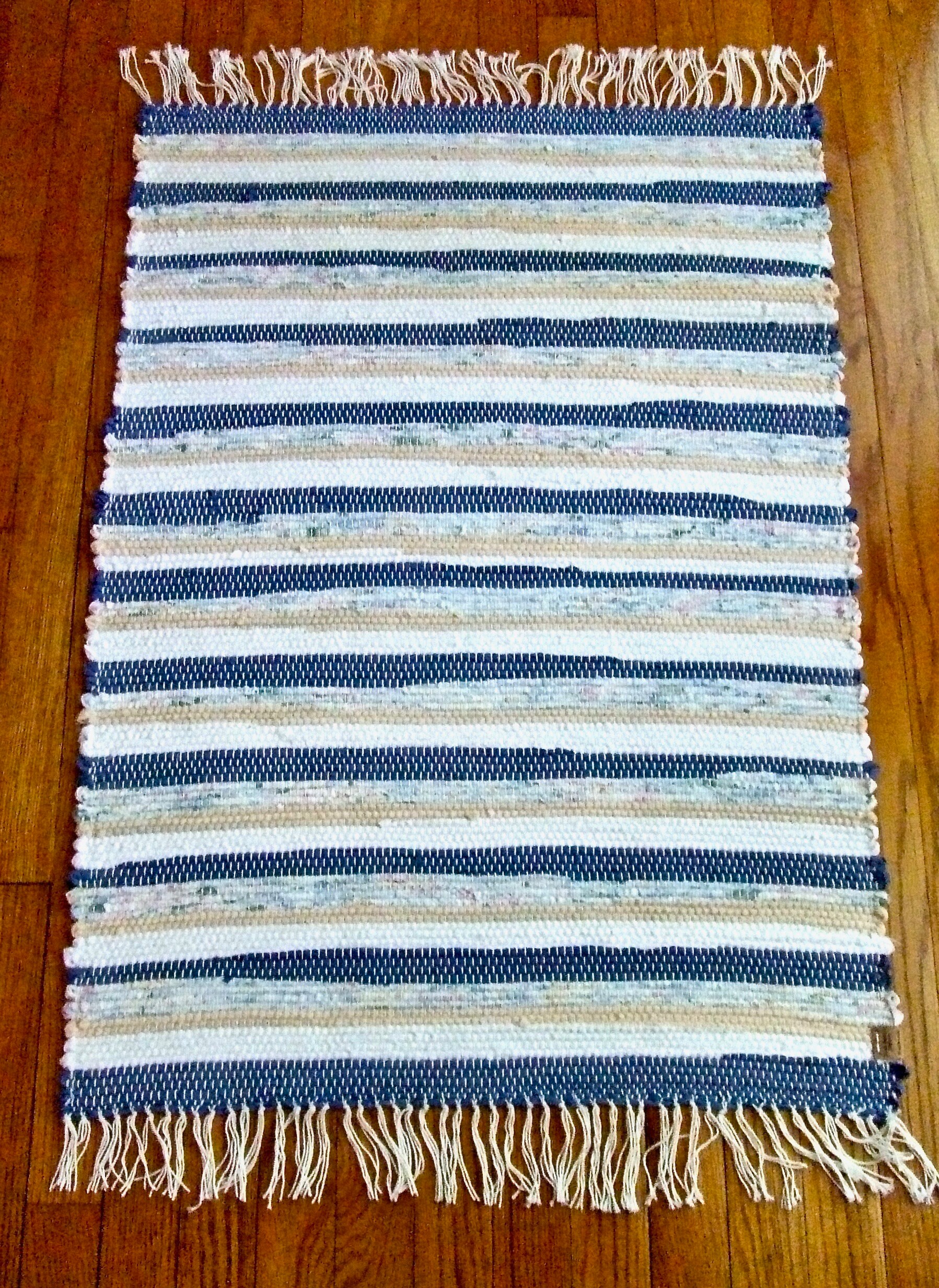 Handwoven the Un-stripe Rag Rug, Blue Stripes, 25" X 37", Recycled ...