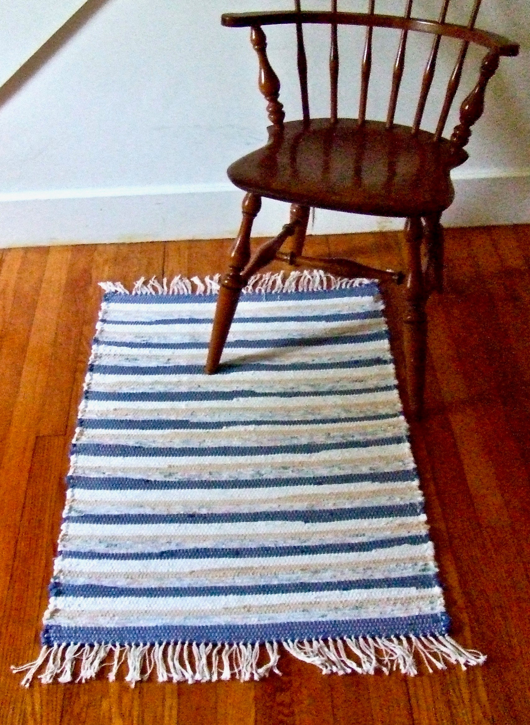 Handwoven the Un-stripe Rag Rug, Blue Stripes, 25" X 37", Recycled ...