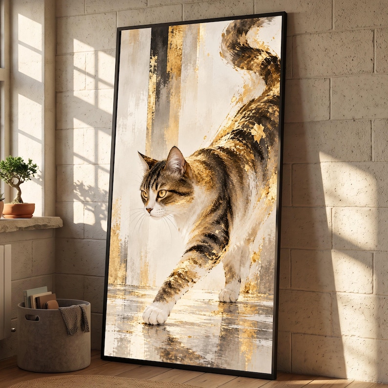 Majestic Tabby Cat Canvas, Golden Abstract Cat Art, Feline Wall ...