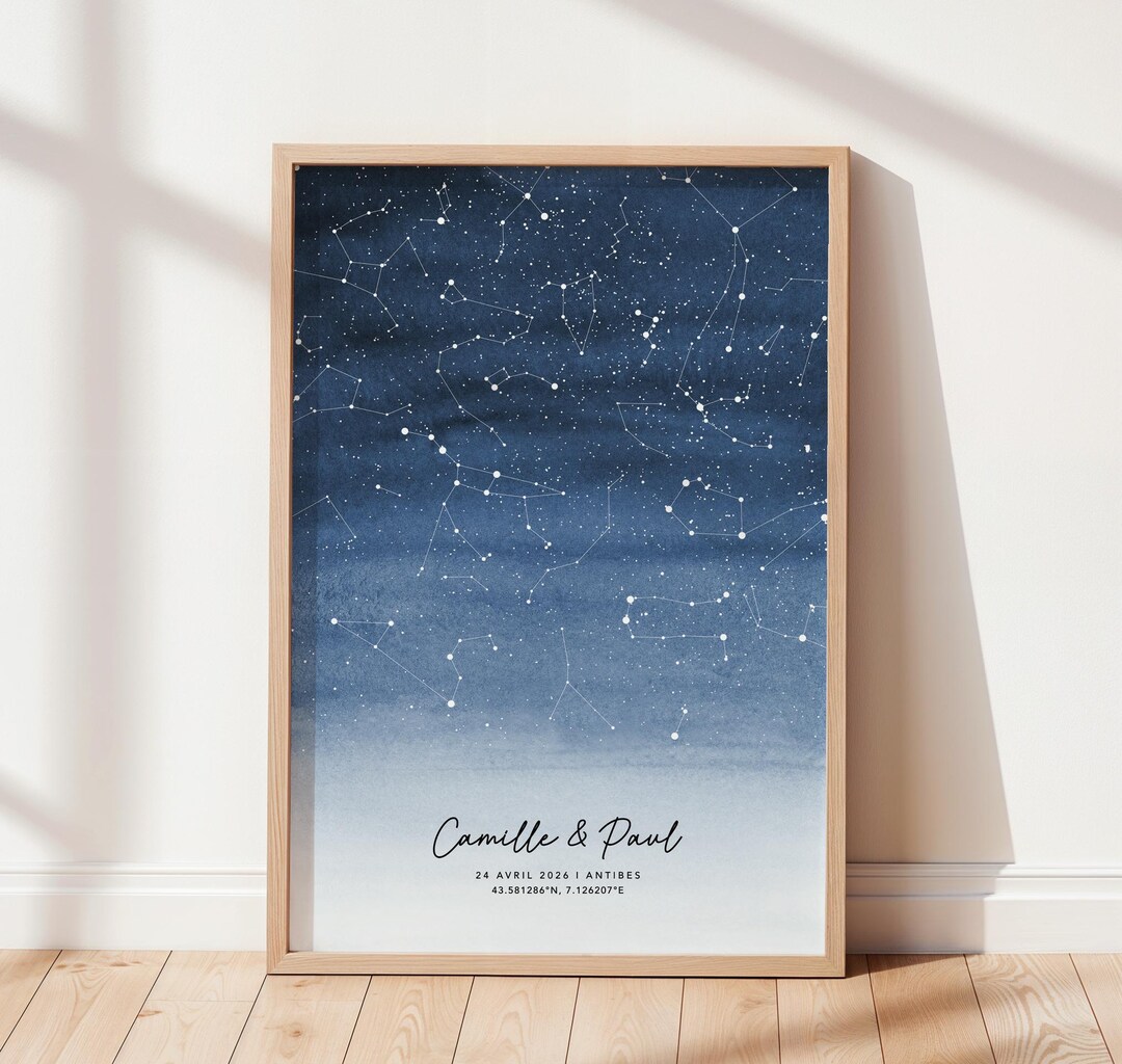 Personalized Sky Map Poster — Watercolor Bedroom Wall Decor | Blue ...