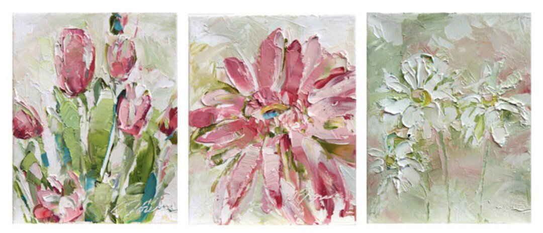 Fresh Flowers Triptych No.2, Oil Painting, Three 8x10 Inches Canvases ...