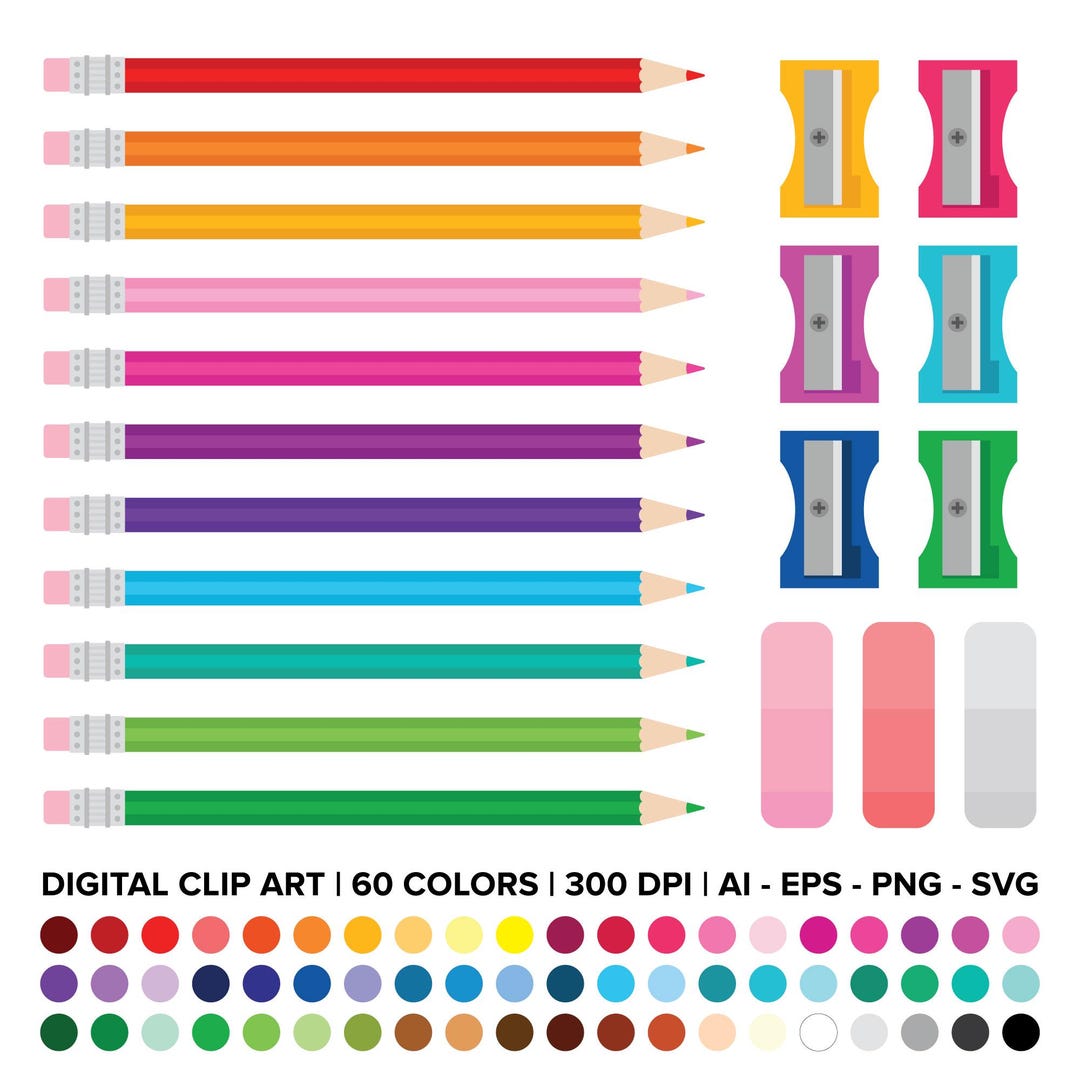 Color Pencil, Sharpener, and Eraser Clip Art, PNG, SVG, VECTOR, Pencil ...