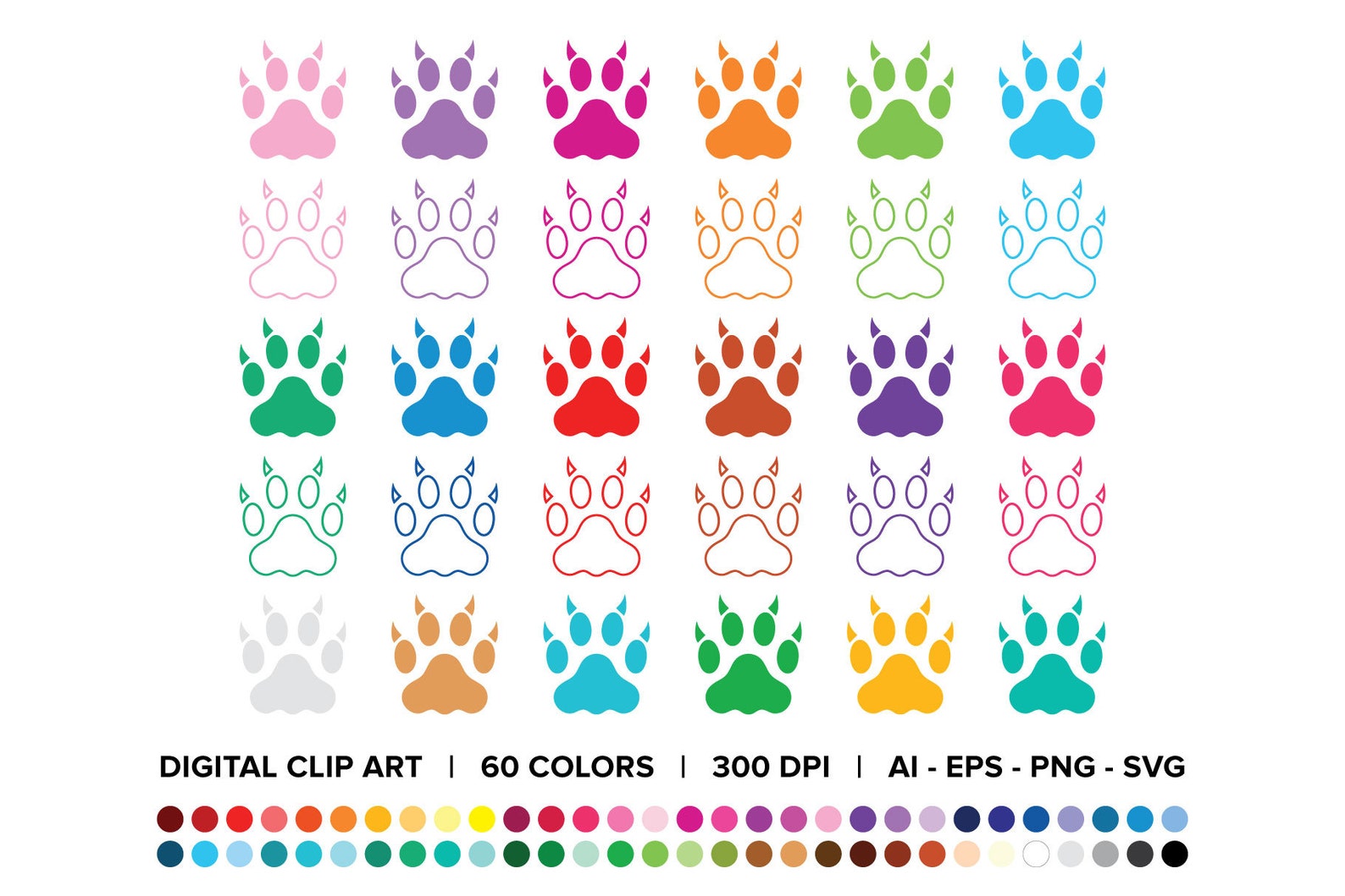 Cat Claw Paw Print Clip Art Set PNG SVG VECTOR Solid or - Etsy
