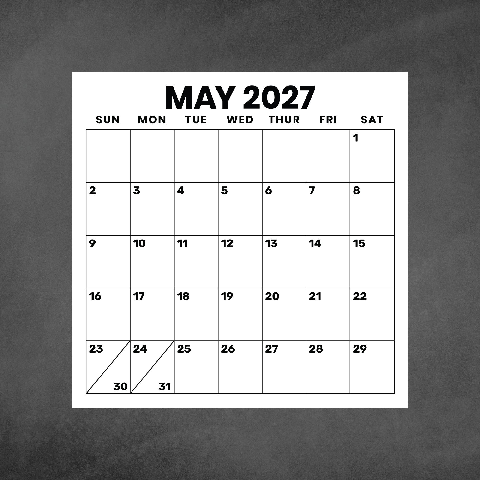 2027 Square 12 X 12 Inch Large Number Calendar Template | INSTANT ...