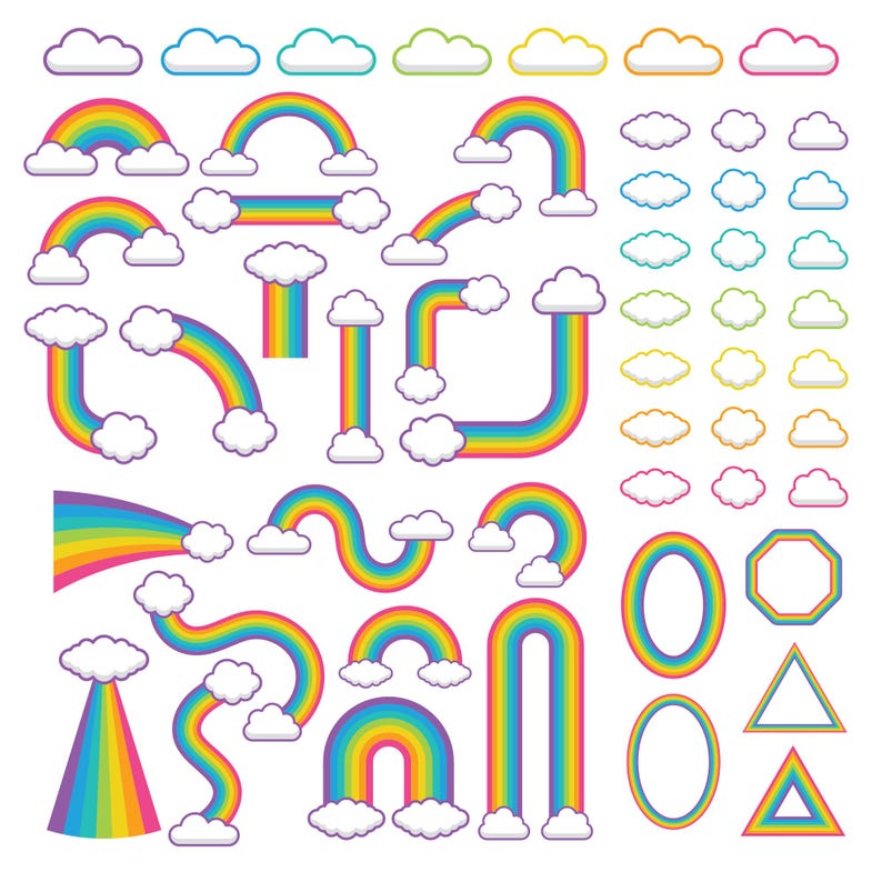 Rainbows and Clouds Clip Art Set, PNG, SVG, VECTOR, Rainbow Frames ...