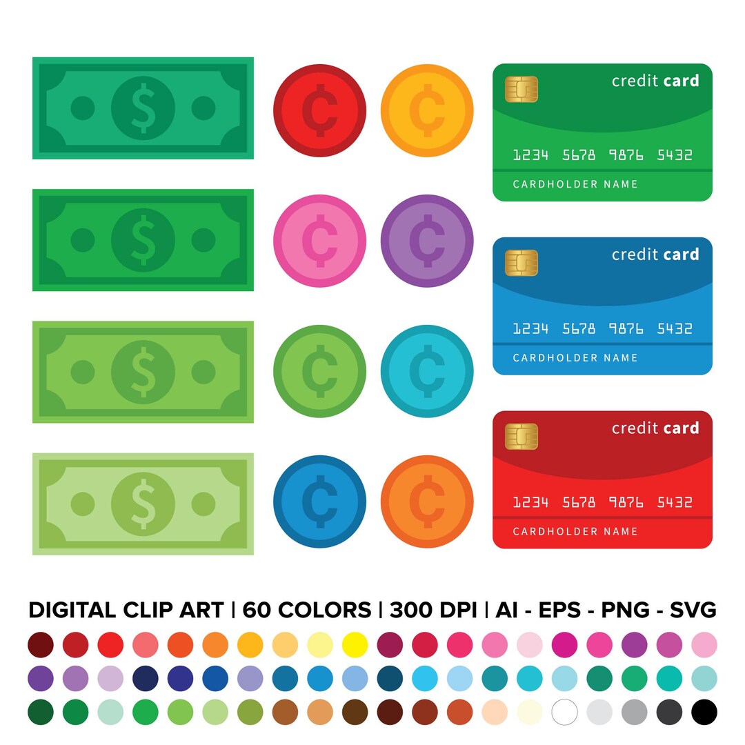 Dollars, Cents, & Credit Cards Clip Art Set, PNG, SVG, VECTOR, Money ...
