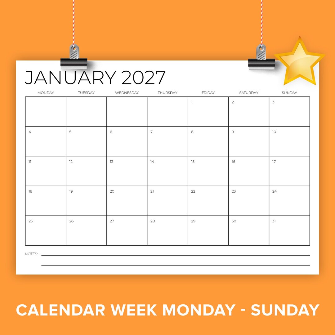2027 A4 Monday to Sunday Calendar Template | INSTANT DOWNLOAD | 297 X ...