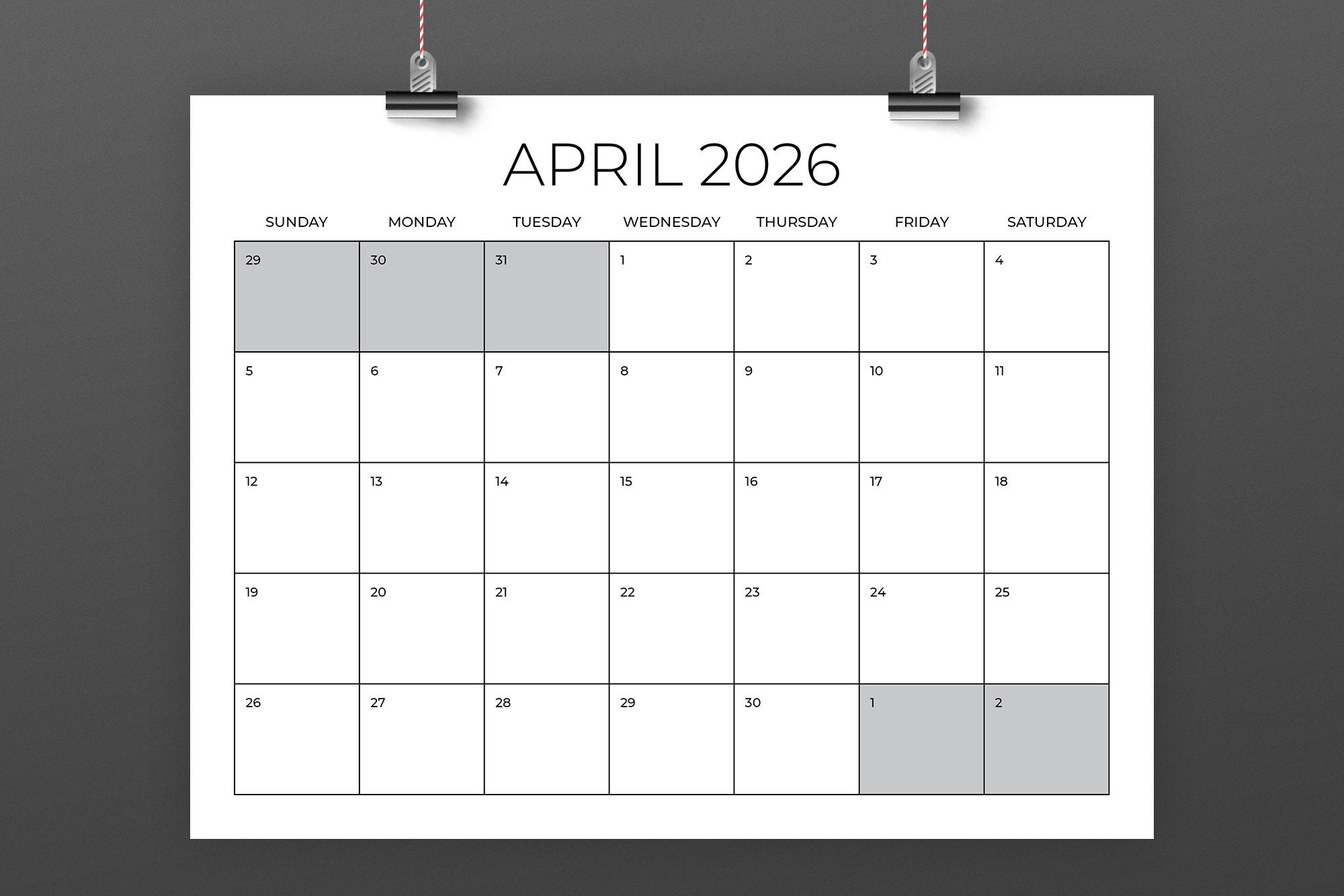 2026 8.5 X 11 Inch Calendar Template | INSTANT DOWNLOAD | Modern Thin ...