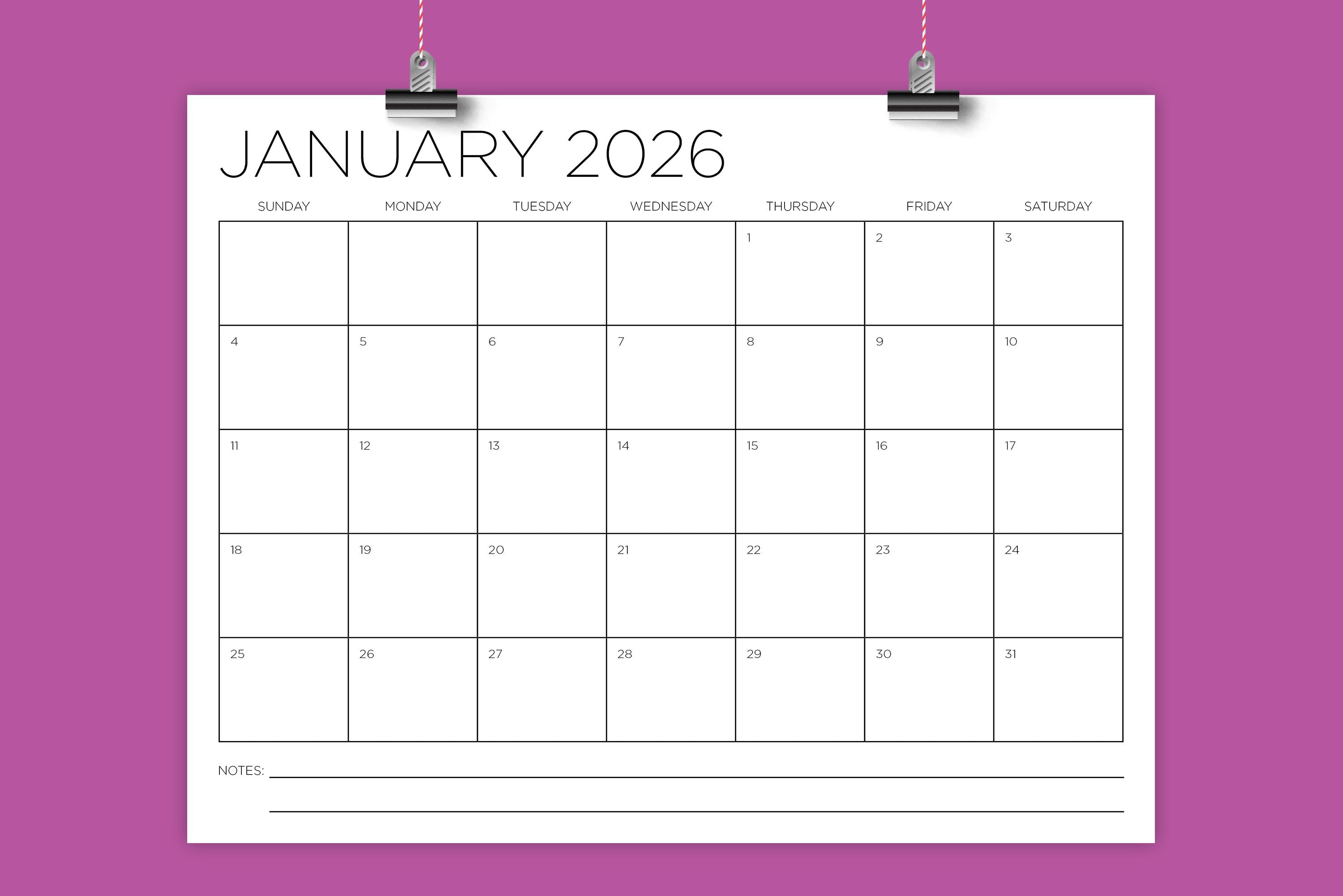2026 8.5 X 11 Inch Calendar Template | INSTANT DOWNLOAD | Modern Thin ...