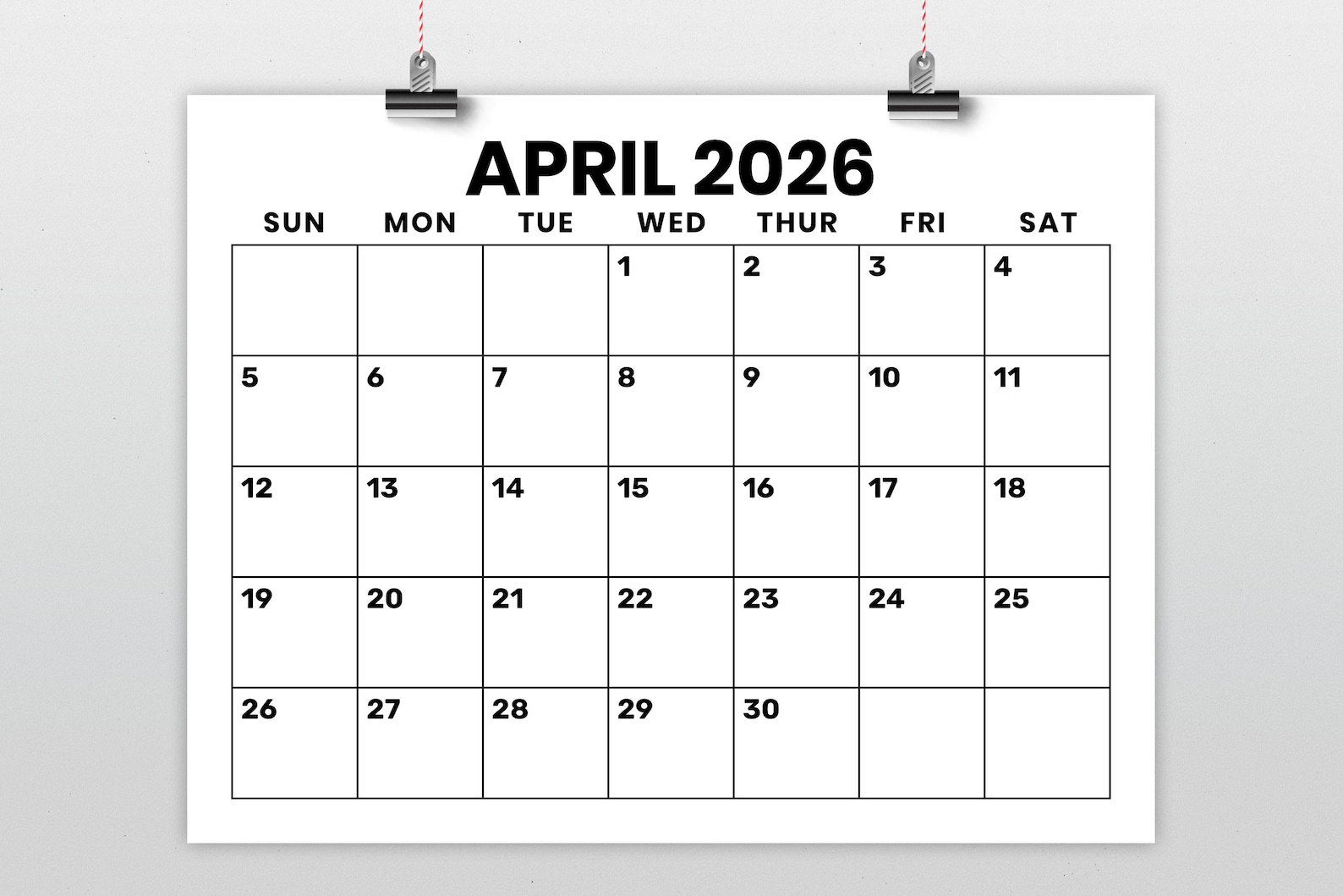 2026 8.5 X 11 Inch Large Number Calendar Template | INSTANT DOWNLOAD ...