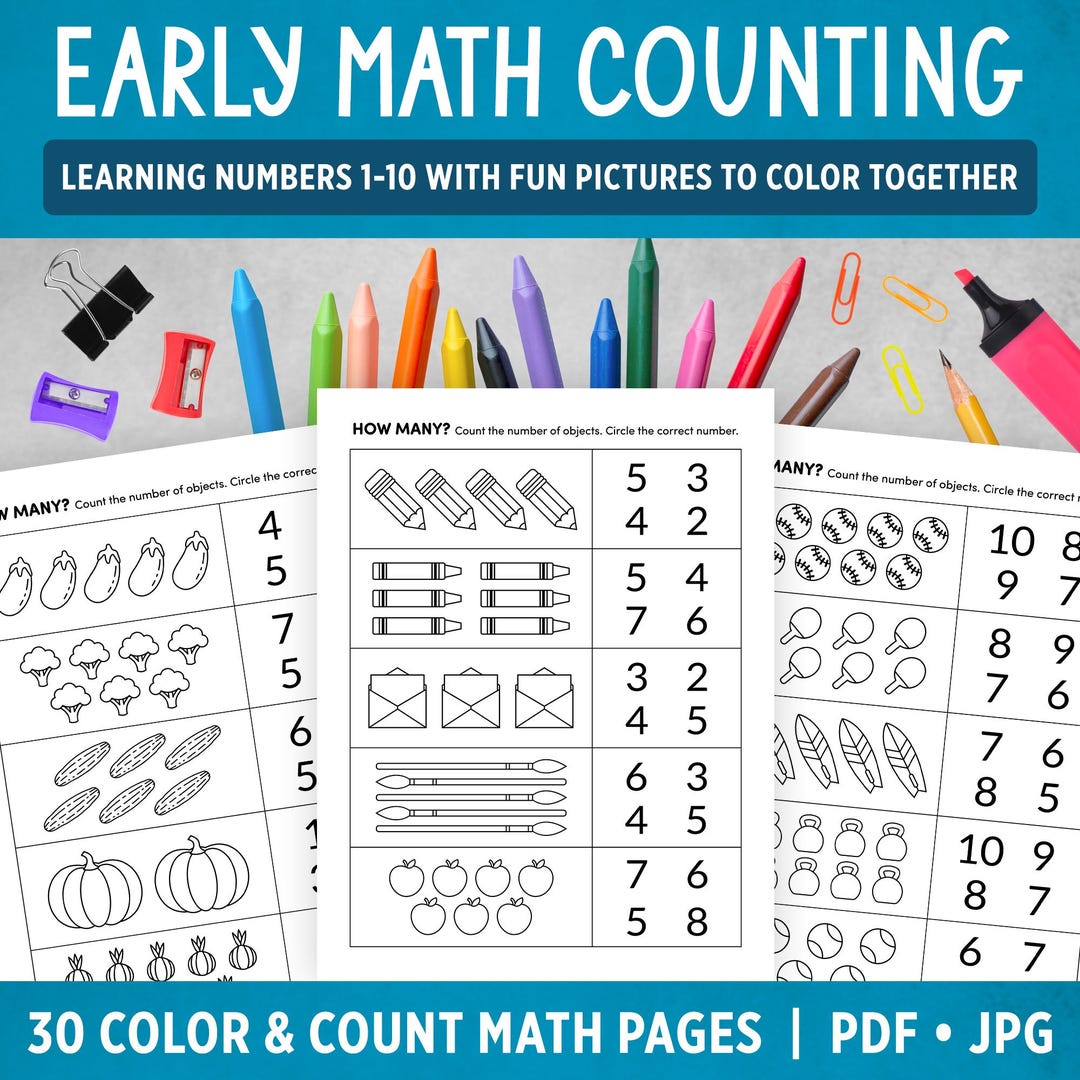 Color & Count 30 Page Early Math Worksheet Set, Numbers 1-10, Printable ...