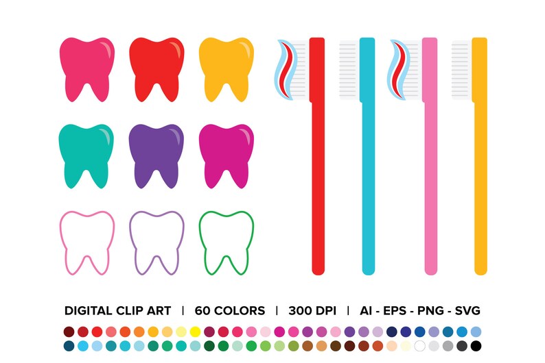 Tooth and Toothbrush Clip Art Set PNG SVG VECTOR Dentist | Etsy