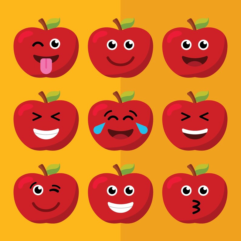 Happy Emoji Apples Clip Art Set, PNG, SVG, VECTOR, Happy Apple Clipart ...