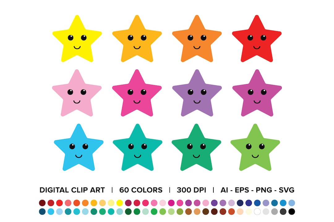 Happy Star Clip Art Set, PNG, SVG, VECTOR, Back to School, Emoji Star ...