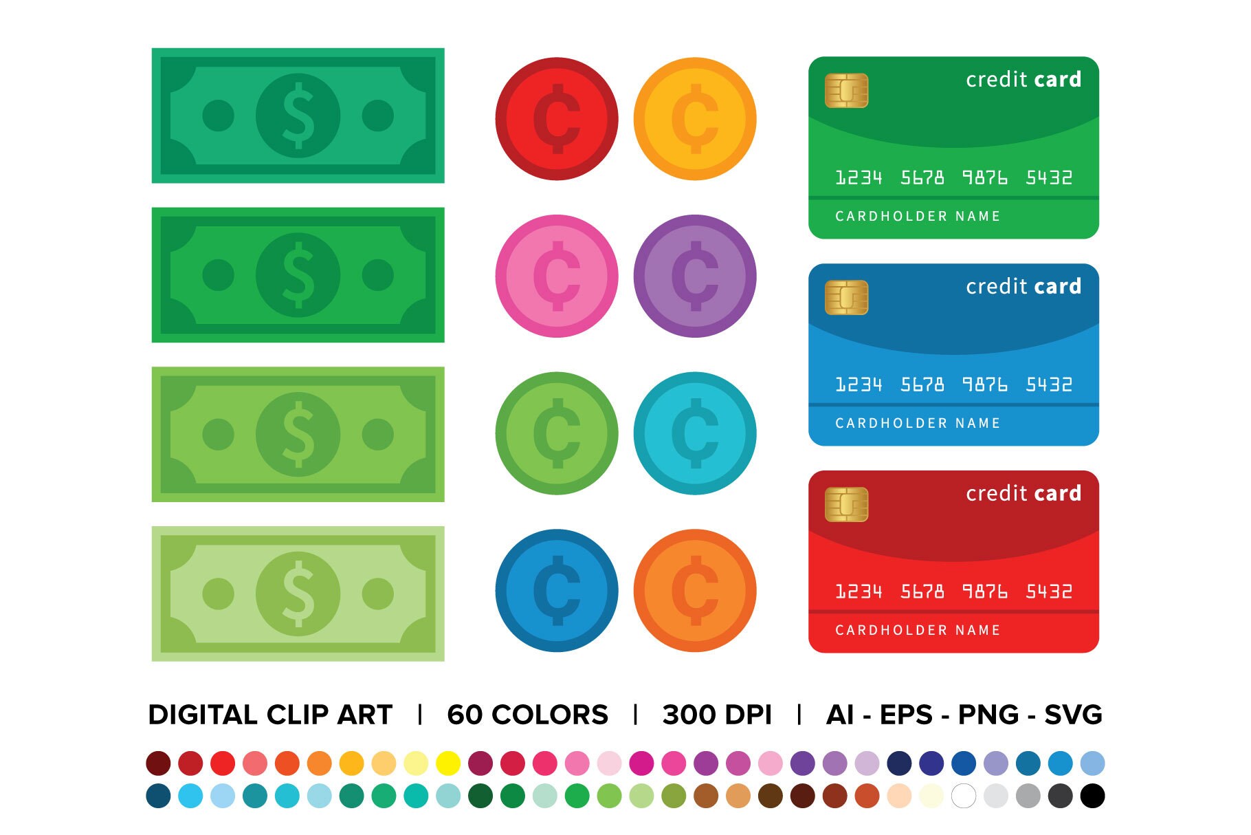 Dollars Cents & Credit Cards Clip Art Set PNG SVG VECTOR | Etsy