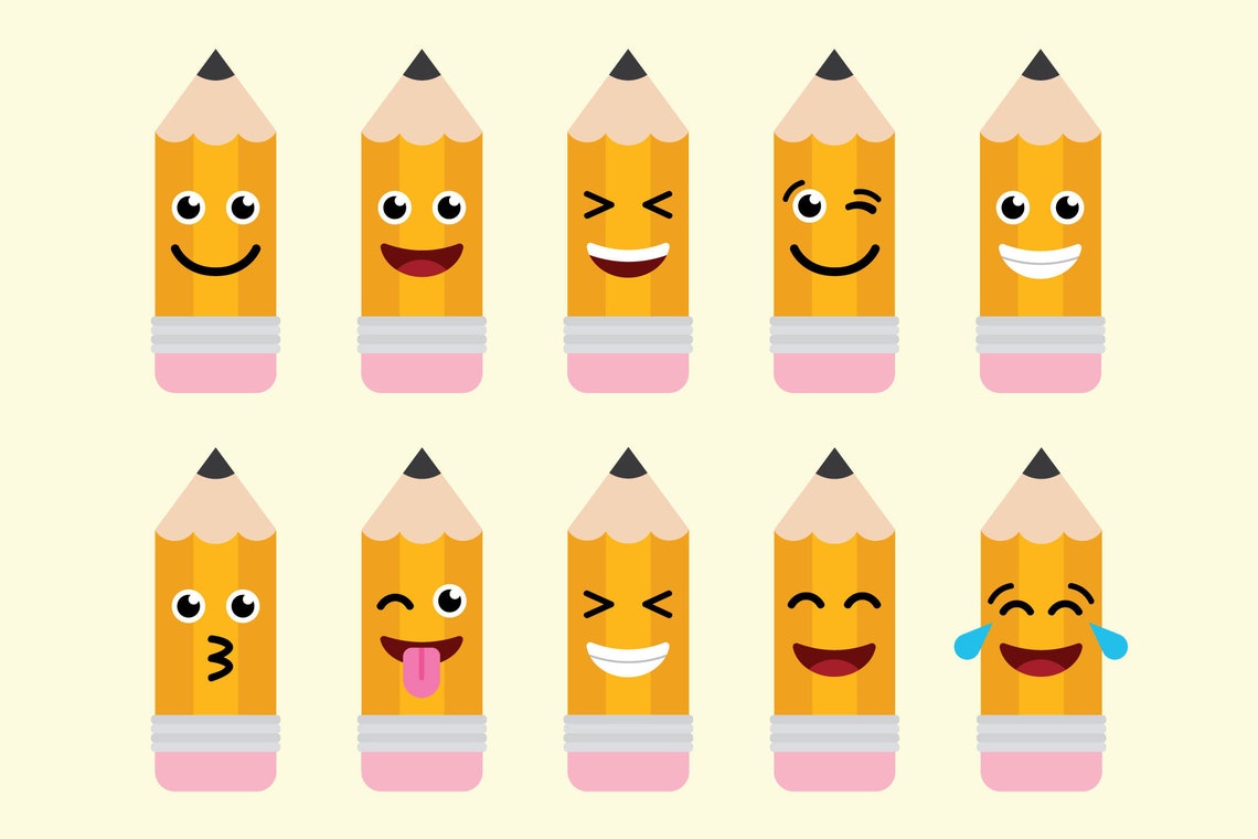 Cute Emoji Pencil Clipart PNG SVG VECTOR Happy Pencil - Etsy