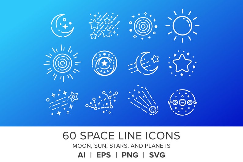 Space Line Icons Set, PNG, SVG, VECTOR, Moon, Sun, Stars, Planets ...