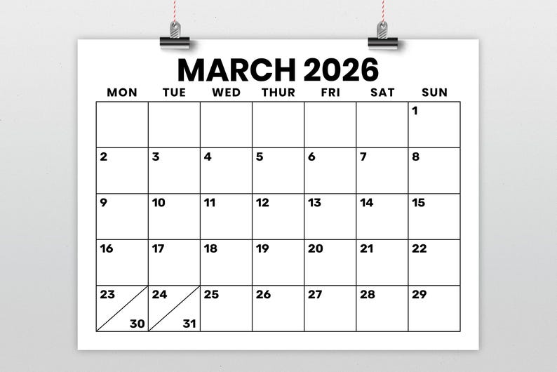 2026 8.5 X 11 Inch Large Number Mon-sun Calendar Template | INSTANT ...