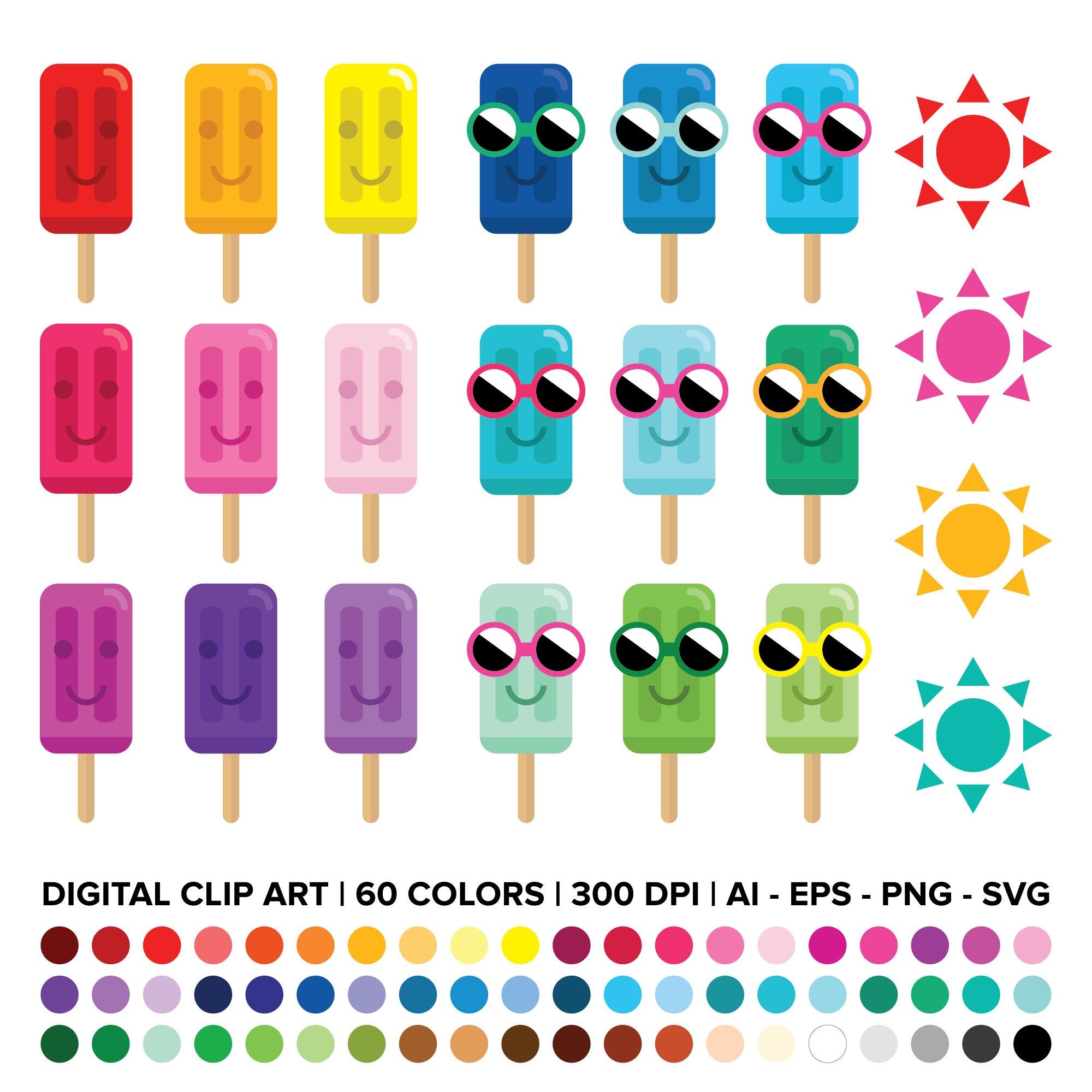 Sommer Ice Pops Clip Art Set, PNG, SVG, VEKTOR, Cartoon, glückliches ...