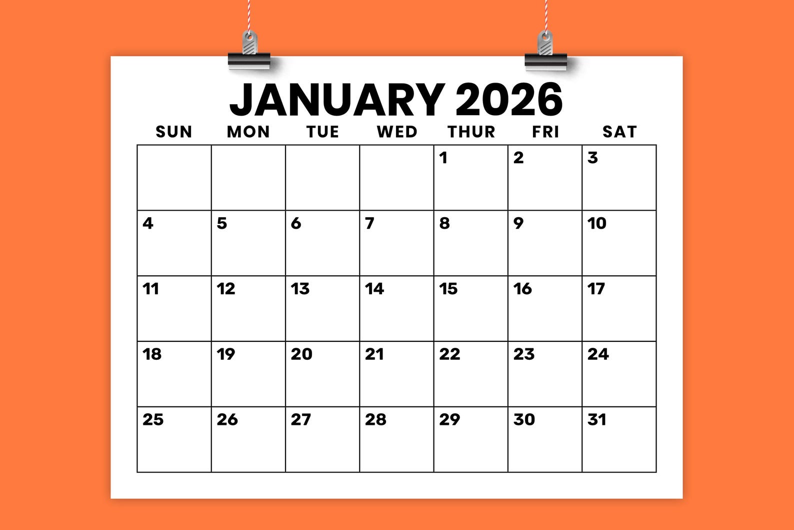 2026 8.5 X 11 Inch Large Number Calendar Template | INSTANT DOWNLOAD ...