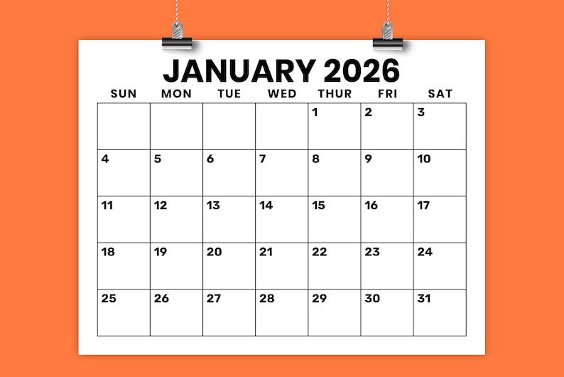 2026 8.5 X 11 Inch Large Number Calendar Template | INSTANT DOWNLOAD ...