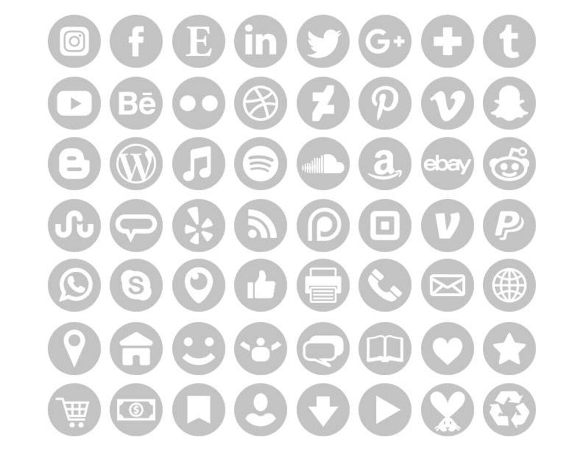 Gray Social Media Icons Set PNG SVG VECTOR Transparent Round | Etsy
