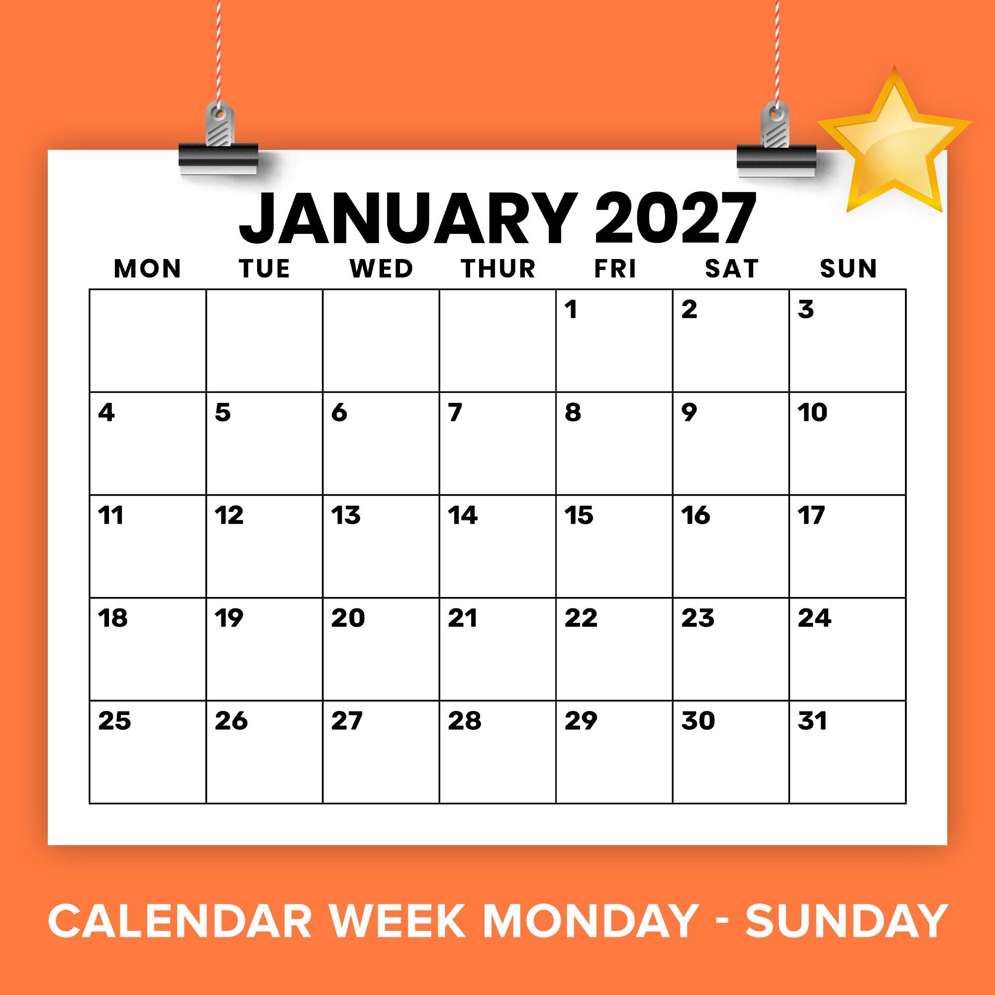 2027 8.5 X 11 Inch Large Number Mon-sun Calendar Template | INSTANT ...