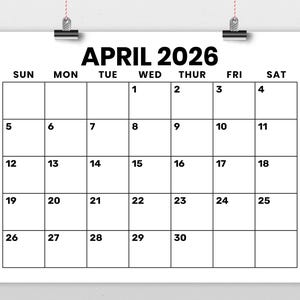 2026 8.5 X 11 Inch Large Number Calendar Template | INSTANT DOWNLOAD ...