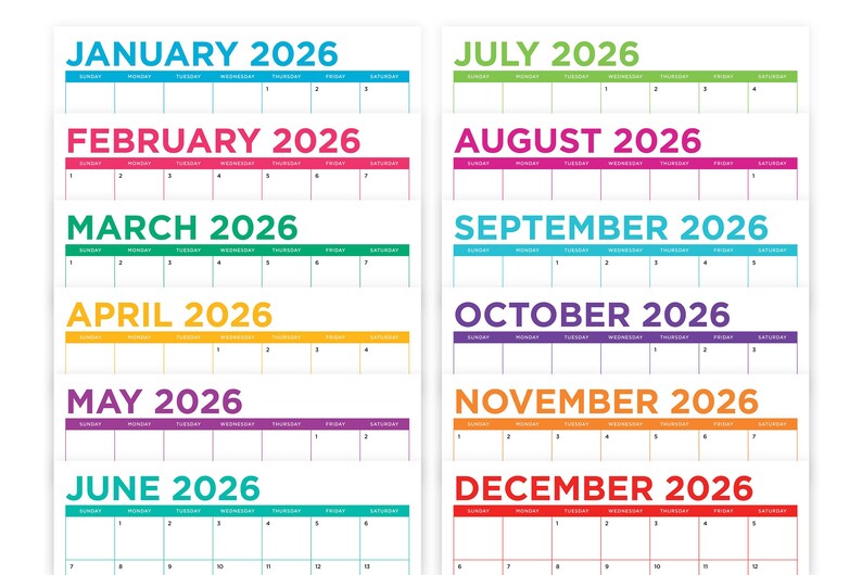 SALE 2026 8.5 X 11 Inch Color Calendar Template | INSTANT DOWNLOAD ...