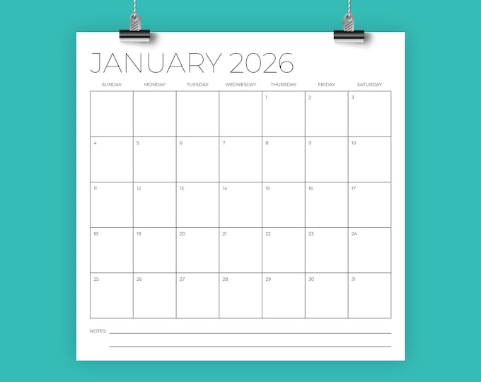 2026 Large Number Square Calendar | INSTANT DOWNLOAD | Simple Monthly ...